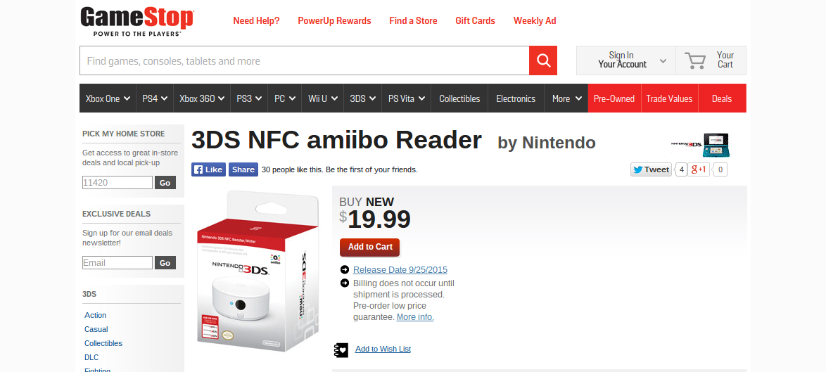 Nintendo 3DS NFC Amiibo Reader Now Available for Pre-Order at Gamestop